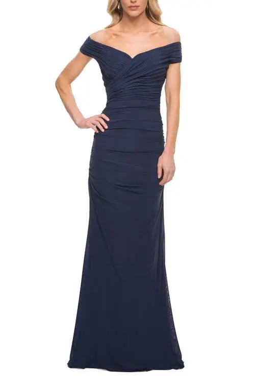 La Femme Ruched Off-the-shoulder Gown - Navy
