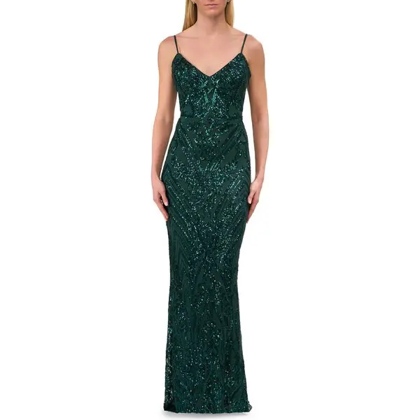 La Femme Print Sequin Gown With V Neckline - Dark Emerald