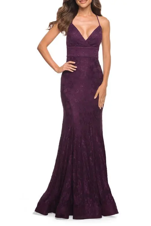 LABOMME Stretch Lace Gown With Strappy Open Back - Dark Berry