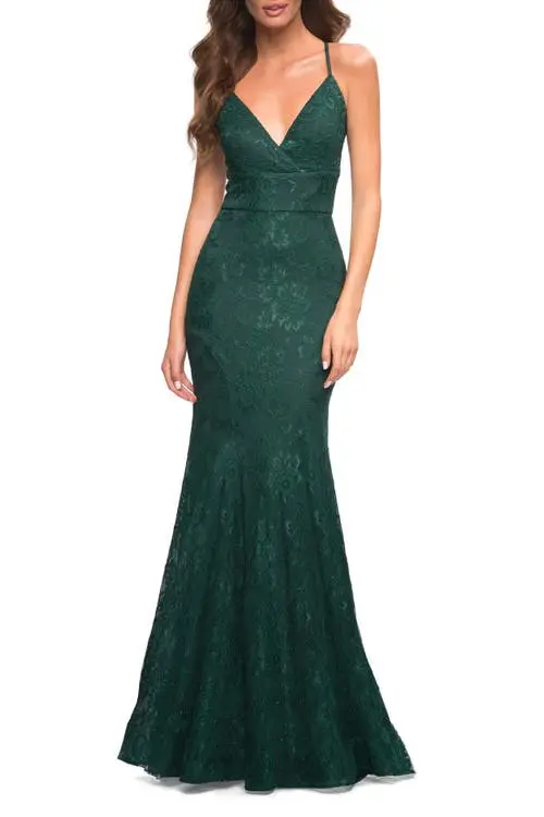 La Femme Stretch Lace Gown With Strappy Open Back - Red