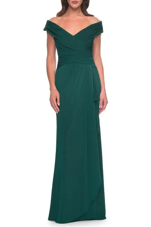 La Femme Long Jersey Off-the-shoulder Gown - Dark Emerald