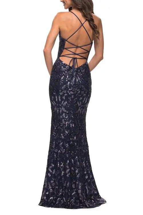 LABOMME Sequin Gown With Lace-up Back