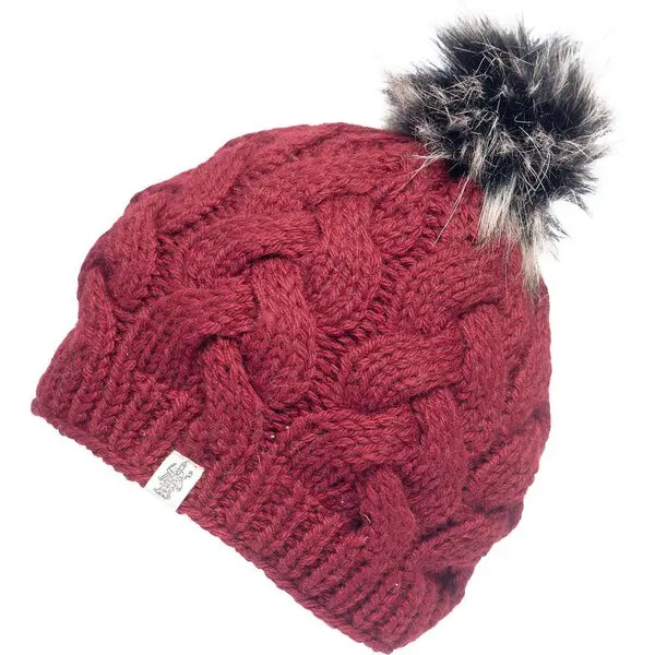 NIRVANNA DESIGNS Boheme Cable Beanie With Faux Fur Pom - Burgundy