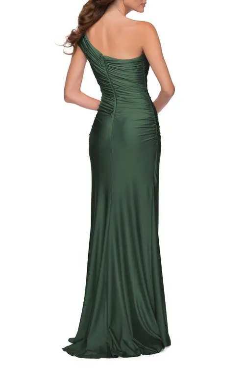 La Femme One-shoulder Ruched Jersey Gown - Emerald
