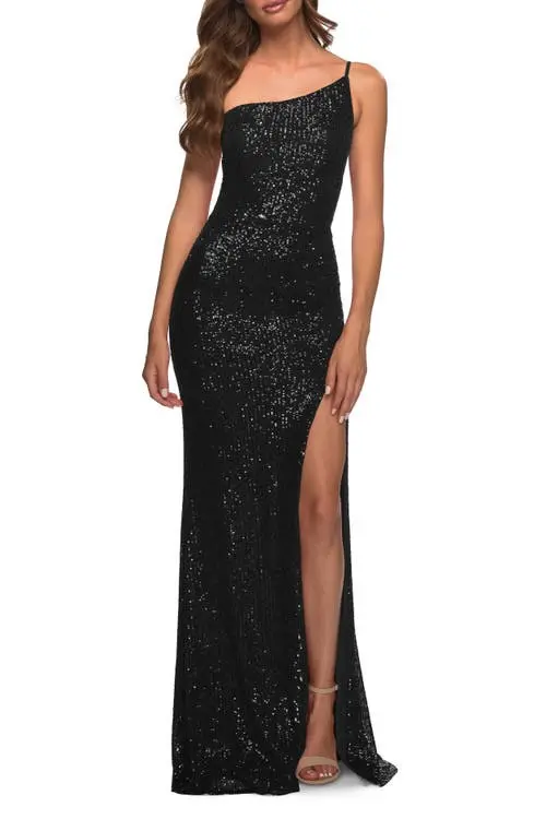 La Femme One-shoulder Sequin Gown - Black