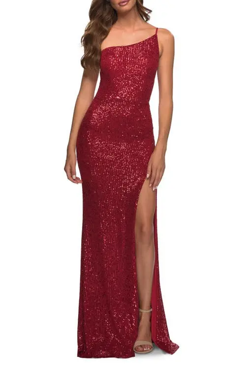 La Femme One-shoulder Sequin Gown - Red