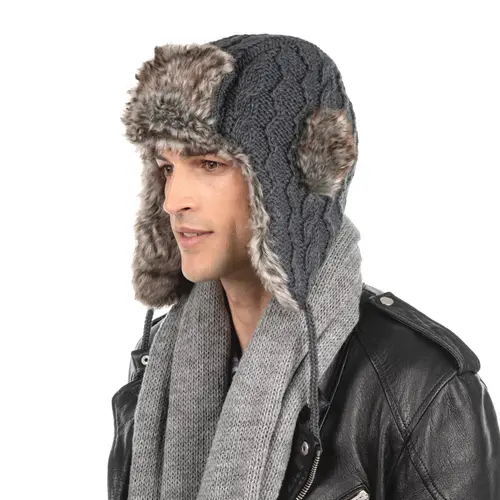 NIRVANNA DESIGNS Cable Knit Trapper Hat With Faux Fur - Black