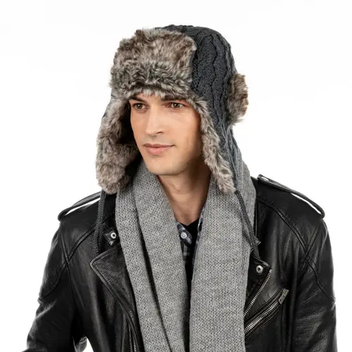 NIRVANNA DESIGNS Cable Knit Trapper Hat With Faux Fur - Black