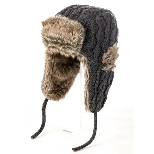 NIRVANNA DESIGNS Cable Knit Trapper Hat With Faux Fur - Smoke