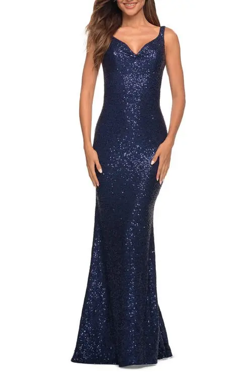 La Femme Sequin Gown - Navy