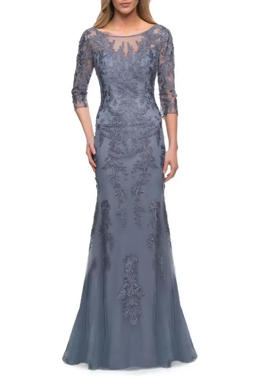 La Femme Tulle Gown With Lace Applique - Slate