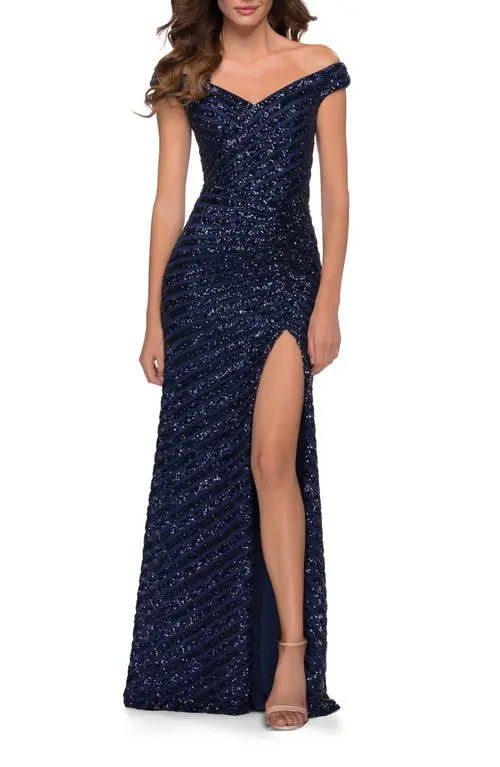 La Femme Sequin Gown With Slit - Navy