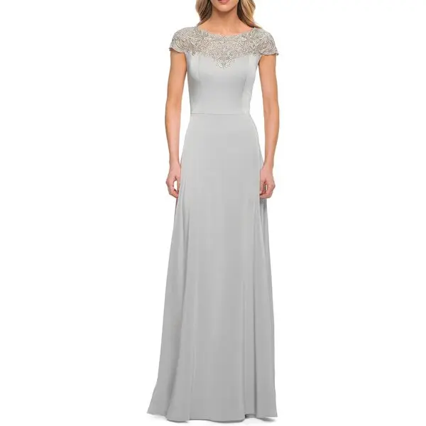 La Femme Jersey Gown With Lace Top - Silver