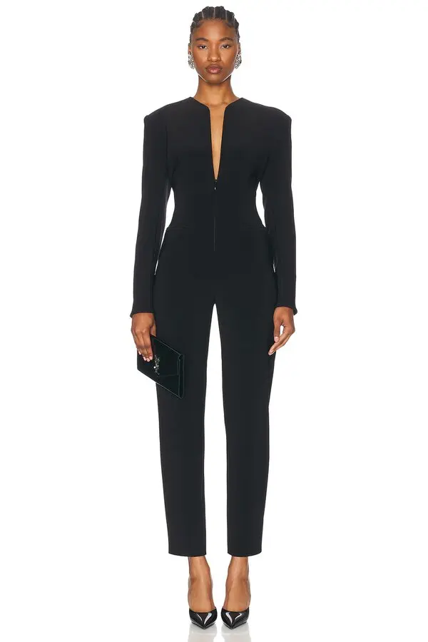 Norma Kamali Long Sleeve Shoulder Pad V Neck Zip Front Tapered Leg Jumpsuit - Black