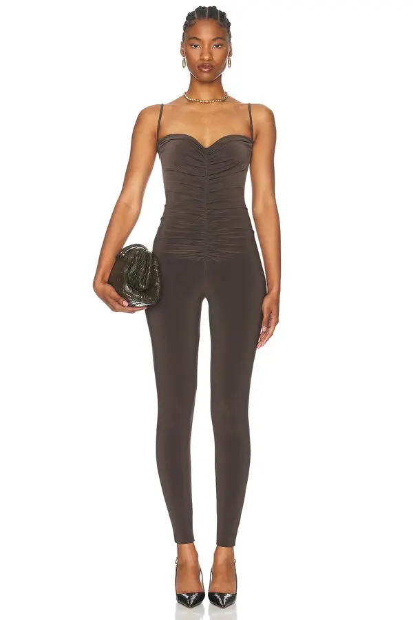 Norma Kamali Strapless Shirred Front Catsuit - Espresso