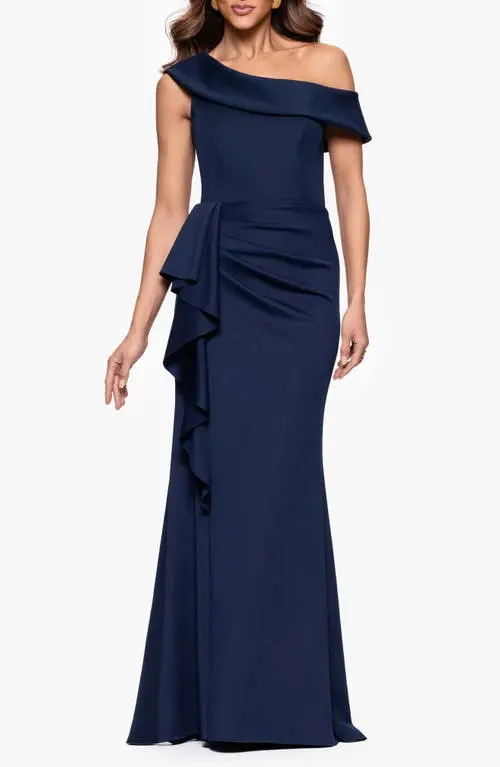 XSCAPE EVENINGS Ruffle One-shoulder Gown - Midnight