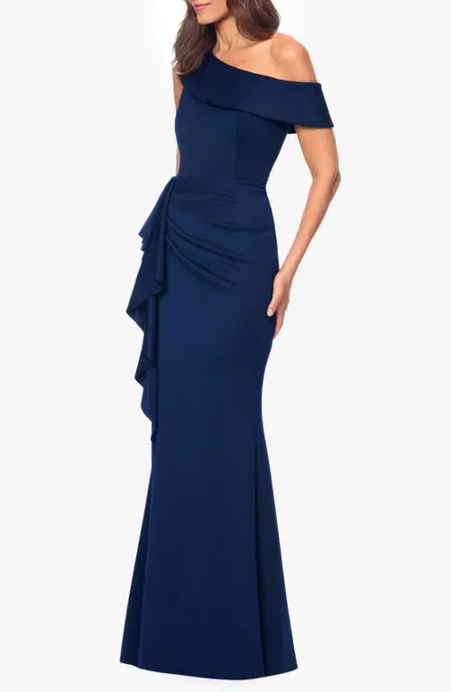 XSCAPE EVENINGS Ruffle One-shoulder Gown - Midnight