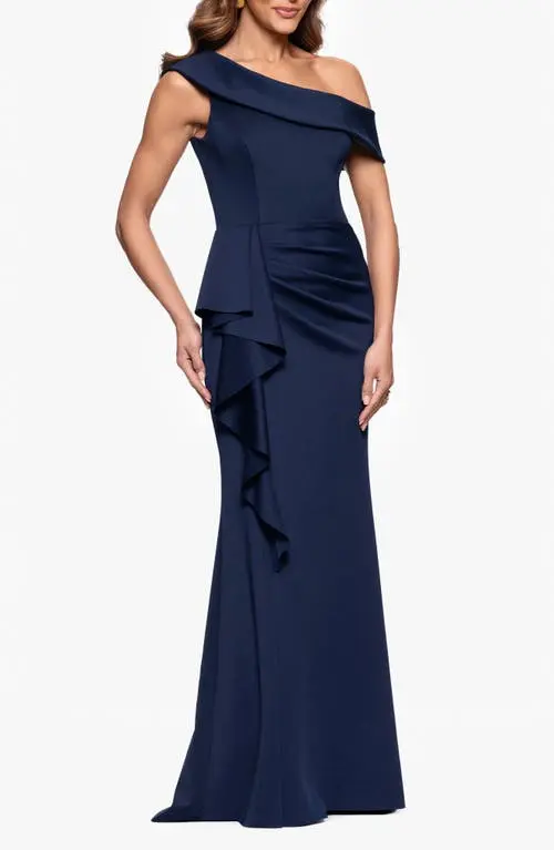 XSCAPE EVENINGS Ruffle One-shoulder Gown - Midnight