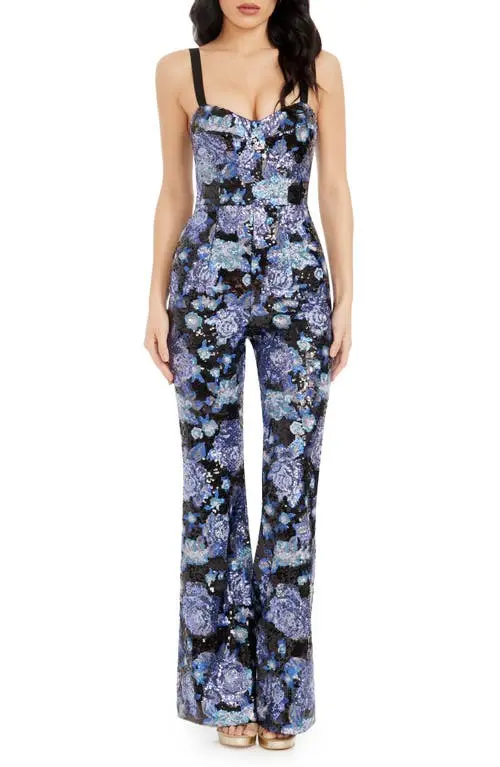 Dress The Population Presley Floral Sequin Jumpsuit - Royal Blue Multi
