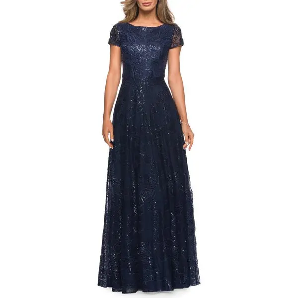 La Femme Sequin Lace A-line Gown With Short Sleeves - Navy