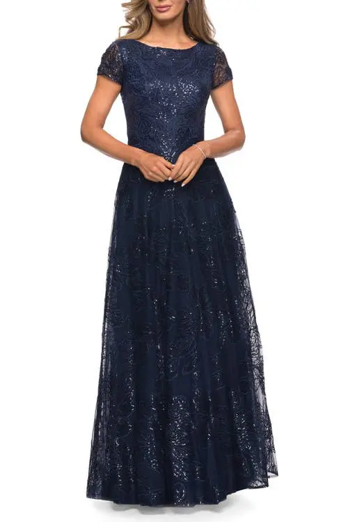 La Femme Sequin Lace A-line Gown With Short Sleeves - Navy