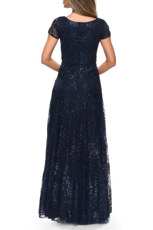 La Femme Sequin Lace A-line Gown With Short Sleeves - Navy
