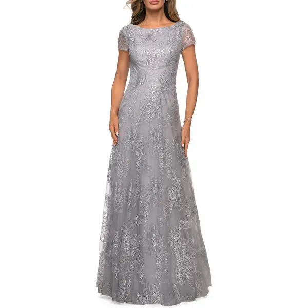 La Femme Sequin Lace A-line Gown With Short Sleeves - Silver