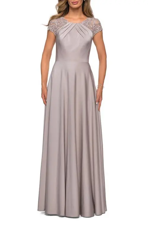 La Femme Long Satin Gown With Lace Cap Sleeves - Silver