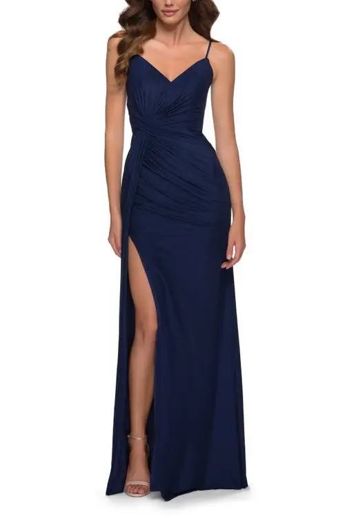 La Femme Long Net Jersey Gown With Ruching And Slit