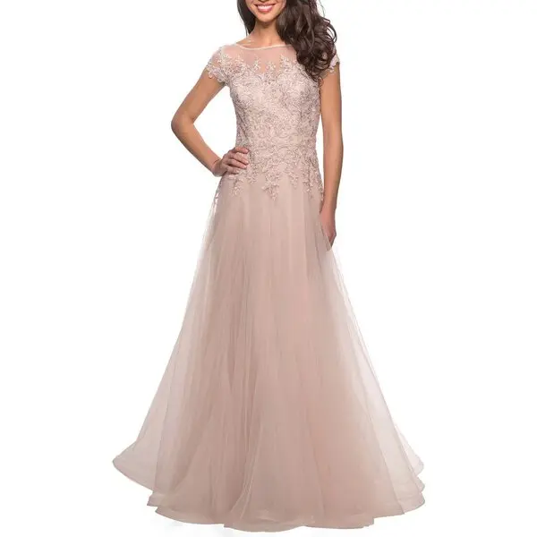 La Femme Long Tulle Gown With Lace Bodice And Pockets - Light Blush