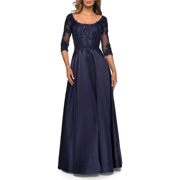 La Femme Three Quarter Sleeve Lace Gown