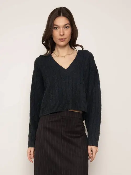 Central Park West Yorke Cable Knit V-neck Crop Top