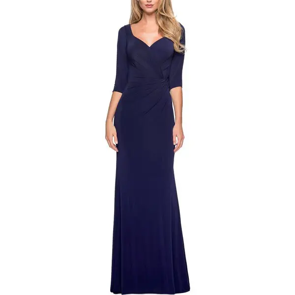 Labomme 3/4 Sleeve Sweetheart Neckline Jersey Dress - Navy | Editorialist