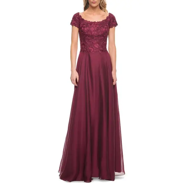 La Femme Short Sleeve Lace Bodice Chiffon Gown