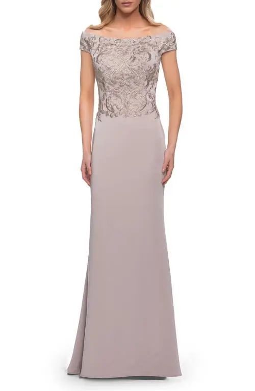 La Femme Satin Gown With Lace Top - Light Taupe