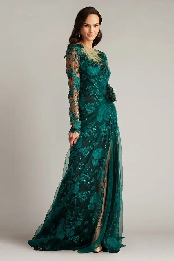Silvia Embroidered Illusion Gown - Green