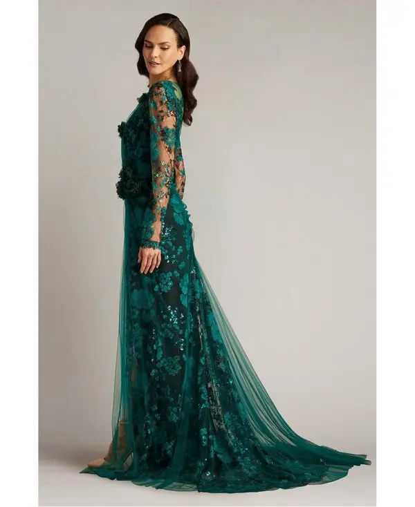 green emerald velvet dress Teri Jon Embroidered Lace Illusion Gown Size 12 main image 0