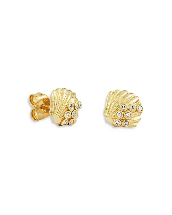 SYDNEY EVAN 14k Yellow Clam Shell Stud Earrings With Diamonds - Gold