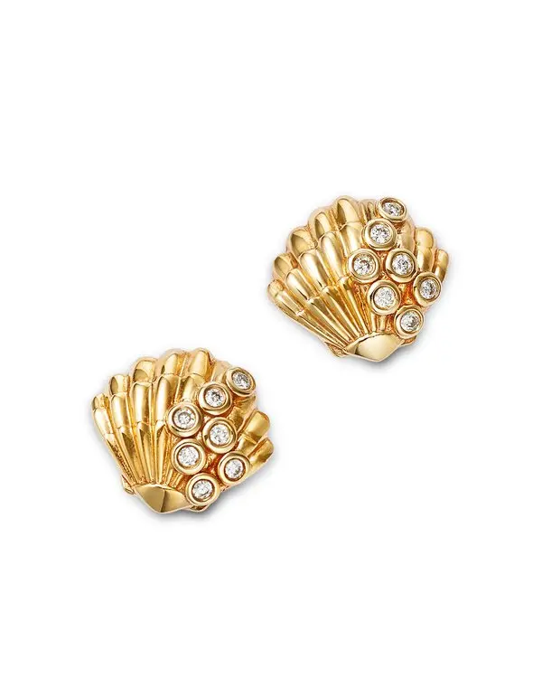 SYDNEY EVAN 14k Yellow Clam Shell Stud Earrings With Diamonds