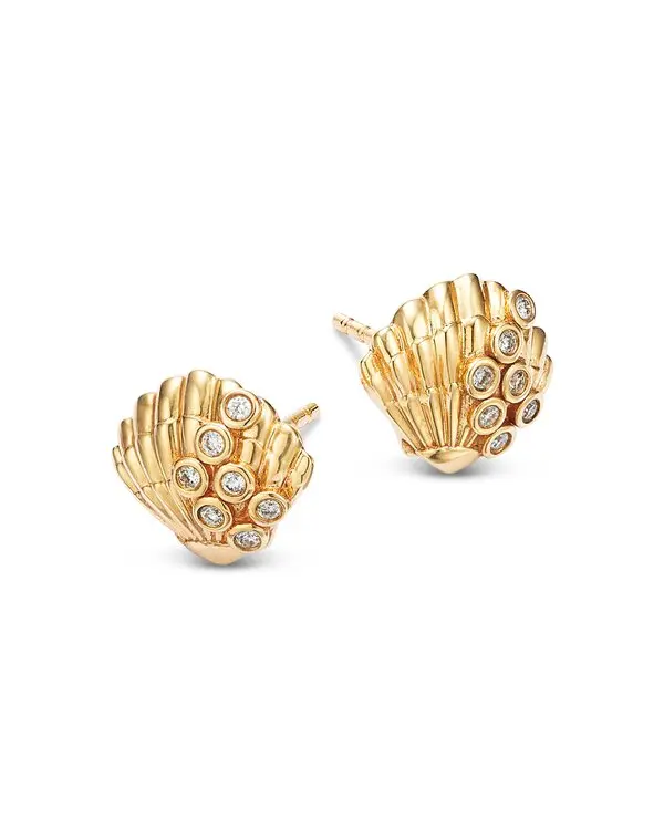 SYDNEY EVAN 14k Yellow Clam Shell Stud Earrings With Diamonds