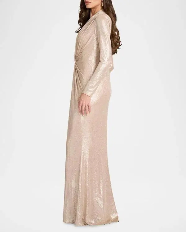 Tadashi Shoji Twist-front Metallic Gown - Pebble