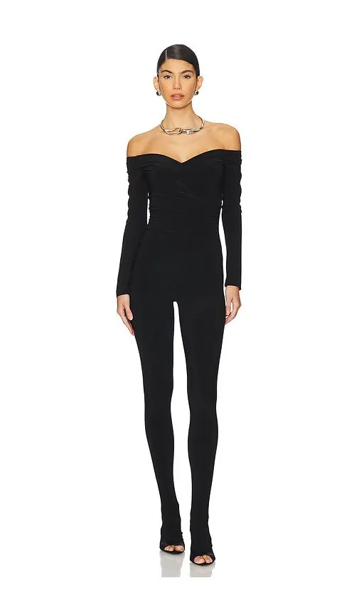 Norma Kamali Off Shoulder Sweetheart Catsuit With Footie - Black