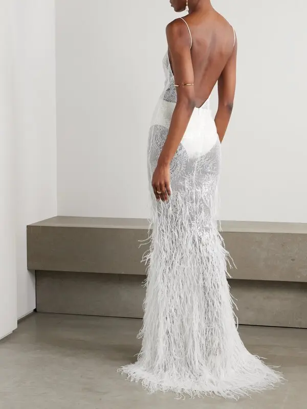 Retrofete Odessa Feather-trimmed Sequined Lace Gown - White
