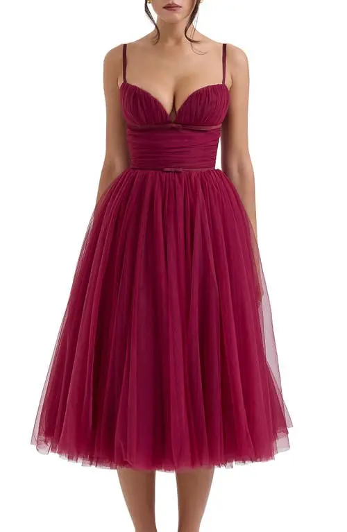 House Of Cb Countess Tulle Midi Dress - Cabernet