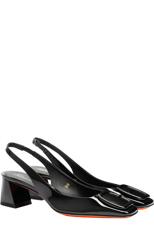 Santoni Patent Leather Slingback Block Heel - Black