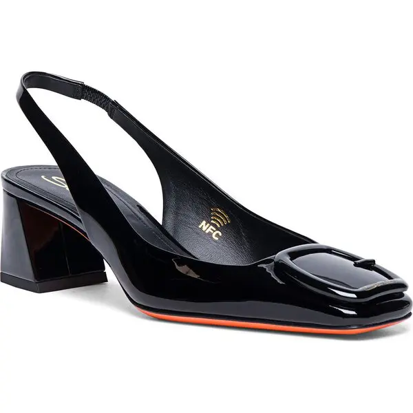 Santoni Patent Leather Slingback Block Heel - Black