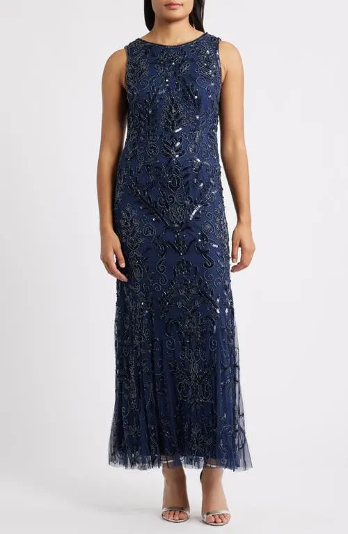 Pisarro Nights Beaded Sleeveless Gown - Navy