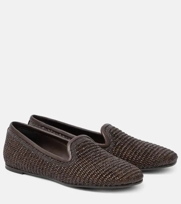 Brunello Cucinelli Leather-trimmed Raffia Slippers - Brown