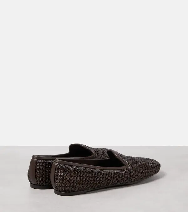 Brunello Cucinelli Leather-trimmed Raffia Slippers - Brown