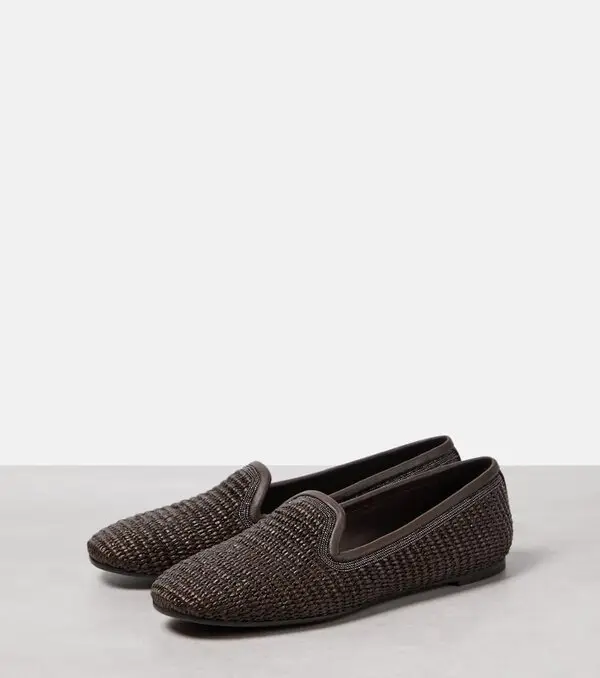 Brunello Cucinelli Leather-trimmed Raffia Slippers - Brown